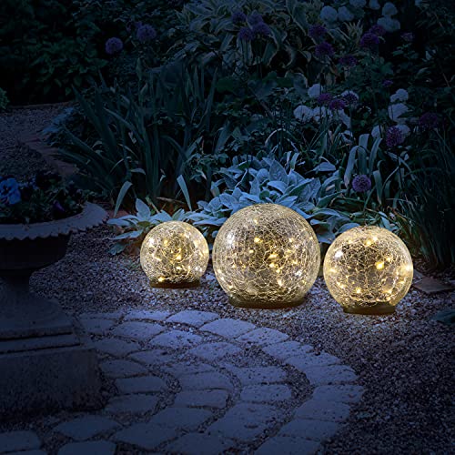 Solar Gazing Ball Light - 4 Inch Diameter Small Globe, Waterproof for Outdoor Use, Crackle Glass, Warm White LED Fairy Lights, Dusk to Dawn Timer, Garden/Pathway Decoration - Battery Included