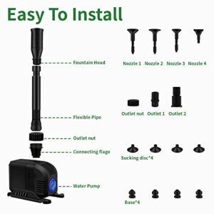 Fountain Pond Submersible Water Pump: 45W 660GPH Adjustable Quiet Outdoor Pump with 2 Nozzles 32ft Power Cord for Small Garden Aquarium Circulation Hydroponics Statuary