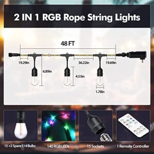 Docusvect Outdoor LED String Lights with RGB Fairy Lights, 48FT 15 Shatterproof Edison Bulbs + (2 Spare) Heavy-Duty Decorative IP65 Waterproof Connectable Hanging Patio Lights for Garden, Balcony