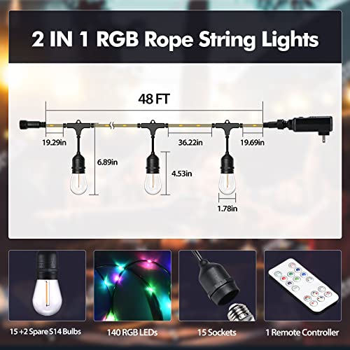 Docusvect Outdoor LED String Lights with RGB Fairy Lights, 48FT 15 Shatterproof Edison Bulbs + (2 Spare) Heavy-Duty Decorative IP65 Waterproof Connectable Hanging Patio Lights for Garden, Balcony