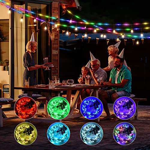 Docusvect Outdoor LED String Lights with RGB Fairy Lights, 48FT 15 Shatterproof Edison Bulbs + (2 Spare) Heavy-Duty Decorative IP65 Waterproof Connectable Hanging Patio Lights for Garden, Balcony