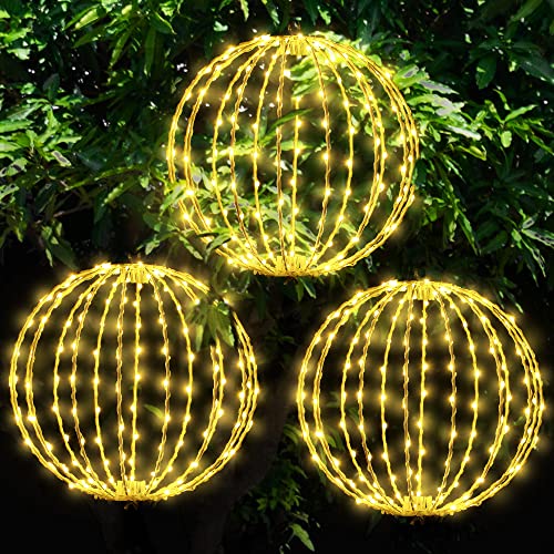 Christmas Garden Hanging LED Light Ball, 160 LED 12 Large Globe Light Iron Frame Spheres with 8 Flicker Modes Plug Charging for Porch Patio Decoration Indoor Outdoor (Classic Warm White, 2 Pack)