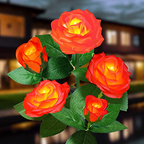 YWYWLED Solar Flower Lights Outdoor - Upgraded New Material Two Modes Realistic LED Solar Powered Waterproof Lights with 5 Roses, Solar Decorative Stake Lights for Garden (Orange, 1 Pack)