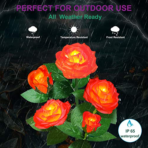 YWYWLED Solar Flower Lights Outdoor - Upgraded New Material Two Modes Realistic LED Solar Powered Waterproof Lights with 5 Roses, Solar Decorative Stake Lights for Garden (Orange, 1 Pack)