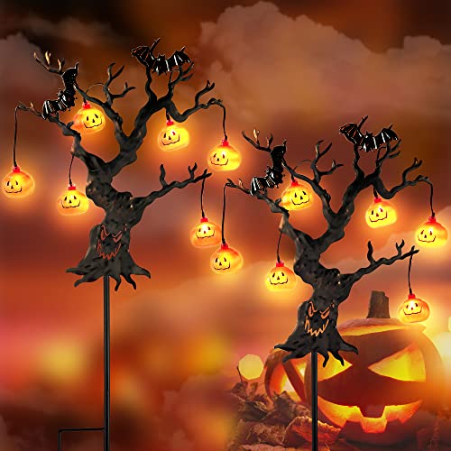 2 Pack Halloween Metal Pumpkin Yard Stakes Sign Lights, Halloween Yard Decorations with 6 Pumpkin Lights and 2 Iron Bats with 8 Modes, Halloween Pathway Lights for Lawn Garden Yard, Us Plug