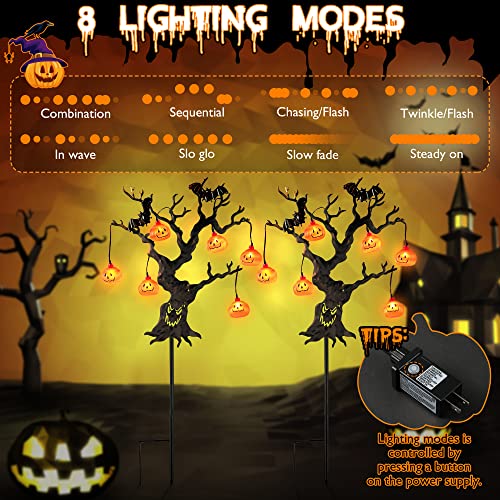 2 Pack Halloween Metal Pumpkin Yard Stakes Sign Lights, Halloween Yard Decorations with 6 Pumpkin Lights and 2 Iron Bats with 8 Modes, Halloween Pathway Lights for Lawn Garden Yard, Us Plug