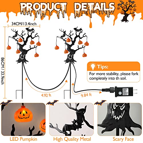 2 Pack Halloween Metal Pumpkin Yard Stakes Sign Lights, Halloween Yard Decorations with 6 Pumpkin Lights and 2 Iron Bats with 8 Modes, Halloween Pathway Lights for Lawn Garden Yard, Us Plug