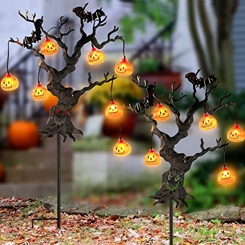 2 Pack Halloween Metal Pumpkin Yard Stakes Sign Lights, Halloween Yard Decorations with 6 Pumpkin Lights and 2 Iron Bats with 8 Modes, Halloween Pathway Lights for Lawn Garden Yard, Us Plug