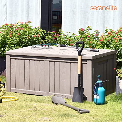 SereneLifeHome 120-Gallon Deck Storage Box - Waterproof Outdoor Large Resin,Garden Tools, Patio Furniture & Sports Equipment, Water-resistant, Weatherproof, Lock Included (SLSTBX60)