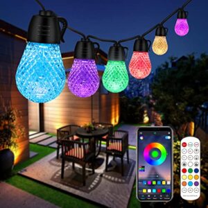 ysj 49ft outdoor string lights for outside, rgbw patio lights with app and remote control, ip66 waterproof, shatterproof, 8 scene modes, with 15 dimmable led bulbs for balcony, cafe, backyard, garden