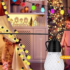 YSJ 49ft Outdoor String Lights for Outside, RGBW Patio Lights with App and Remote Control, IP66 Waterproof, Shatterproof, 8 Scene Modes, with 15 Dimmable LED Bulbs for Balcony, Cafe, Backyard, Garden