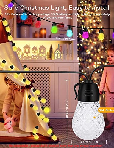 YSJ 49ft Outdoor String Lights for Outside, RGBW Patio Lights with App and Remote Control, IP66 Waterproof, Shatterproof, 8 Scene Modes, with 15 Dimmable LED Bulbs for Balcony, Cafe, Backyard, Garden