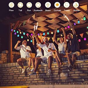 YSJ 49ft Outdoor String Lights for Outside, RGBW Patio Lights with App and Remote Control, IP66 Waterproof, Shatterproof, 8 Scene Modes, with 15 Dimmable LED Bulbs for Balcony, Cafe, Backyard, Garden