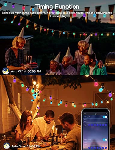 YSJ 49ft Outdoor String Lights for Outside, RGBW Patio Lights with App and Remote Control, IP66 Waterproof, Shatterproof, 8 Scene Modes, with 15 Dimmable LED Bulbs for Balcony, Cafe, Backyard, Garden