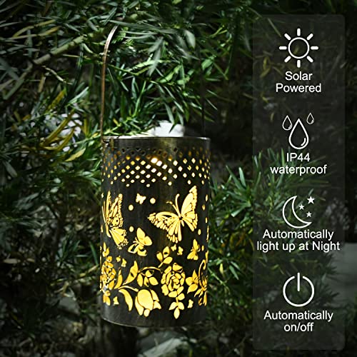 LISGHTJS Solar Lanterns Outdoor Waterproof Hanging 2 Pack Butterfly Solar Powered Gardon Lantern,Hollowed-Out Metal Lantern Outdoor Decorative Lights for Yard, Lawn Porch Pathway, Landscape