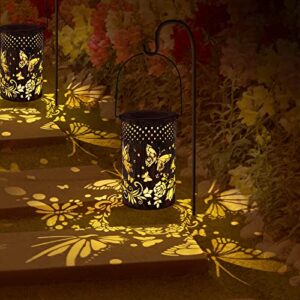 LISGHTJS Solar Lanterns Outdoor Waterproof Hanging 2 Pack Butterfly Solar Powered Gardon Lantern,Hollowed-Out Metal Lantern Outdoor Decorative Lights for Yard, Lawn Porch Pathway, Landscape