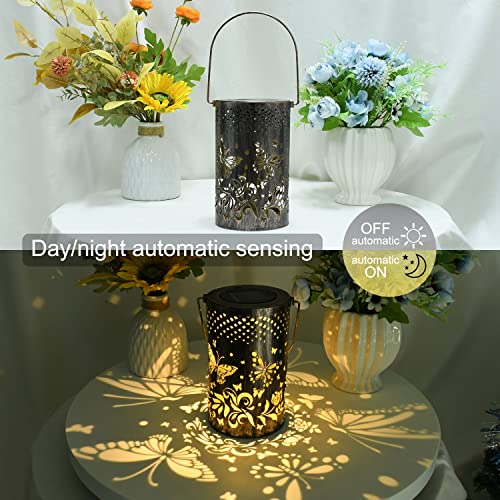 LISGHTJS Solar Lanterns Outdoor Waterproof Hanging 2 Pack Butterfly Solar Powered Gardon Lantern,Hollowed-Out Metal Lantern Outdoor Decorative Lights for Yard, Lawn Porch Pathway, Landscape