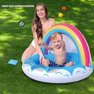 Rainbow Blow up Kiddie Pool Inflatable Mini Swimming Pool Water Baby Shade Beach Tent Pool 37" X 26" Portable Wading Pool with Canopy for Outdoor Backyard for Kids Toddler