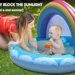 Rainbow Blow up Kiddie Pool Inflatable Mini Swimming Pool Water Baby Shade Beach Tent Pool 37" X 26" Portable Wading Pool with Canopy for Outdoor Backyard for Kids Toddler