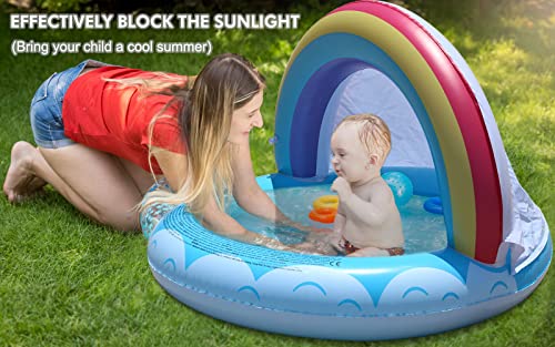 Rainbow Blow up Kiddie Pool Inflatable Mini Swimming Pool Water Baby Shade Beach Tent Pool 37" X 26" Portable Wading Pool with Canopy for Outdoor Backyard for Kids Toddler