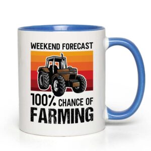 bubble hugs farmer birthday two tone blue edition coffee mug 11oz – forecast farming – dry farming farm ranch market garden agricultural seed drill acre hay tractor farmer crops