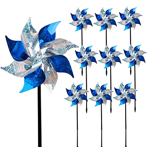 Hausse 10 Pack Reflective Pinwheels, Extra Sparkly Pinwheel, Bird Repellent Devices Deterrent to Scare Birds Away from Yard Patio Farm, Blue & Silver