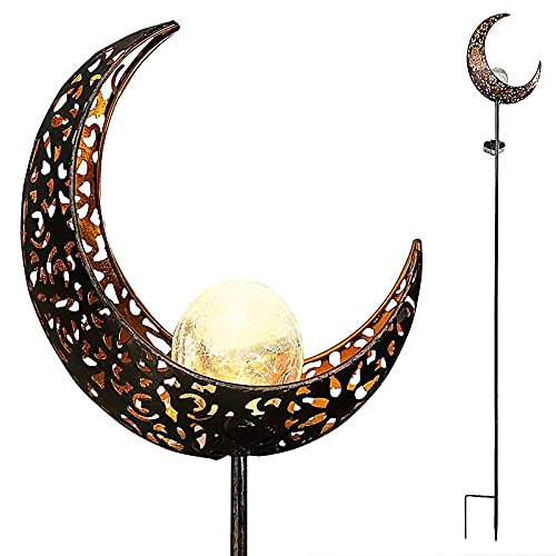 Starryfill Garden Solar Lights Outdoor Bronze Moon Crackle Glass Globe Stake Metal Lights Waterproof Warm White LED for Pathway Lawn Patio or Courtyard