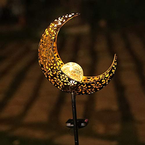 Starryfill Garden Solar Lights Outdoor Bronze Moon Crackle Glass Globe Stake Metal Lights Waterproof Warm White LED for Pathway Lawn Patio or Courtyard