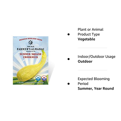 The Old Farmer's Almanac Heirloom Summer Squash Seeds (Yellow Crookneck) - Approx 70 Seeds - Non-GMO, Open Pollinated, USA Origin