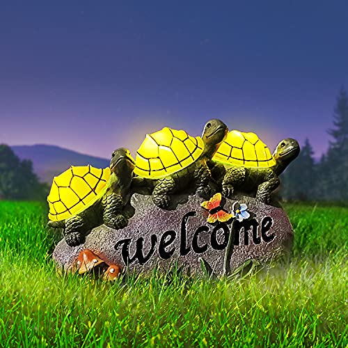 shumi Turtle Statue Outdoor Solar Light, Welcome Turtles on a Rock with 3 LED Lights, Solar Garden Sculpture & Statue, Resin Solar Powered Turtle Decor for Lawn Yard Garden Pond