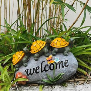 shumi Turtle Statue Outdoor Solar Light, Welcome Turtles on a Rock with 3 LED Lights, Solar Garden Sculpture & Statue, Resin Solar Powered Turtle Decor for Lawn Yard Garden Pond