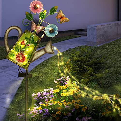 Solar Outdoor Watering Can Lights-Hummingbird Decorative Path Lights, Metal Glass Solar Powered Garden Waterfall Decor Ornament for Yard Lighting Outside