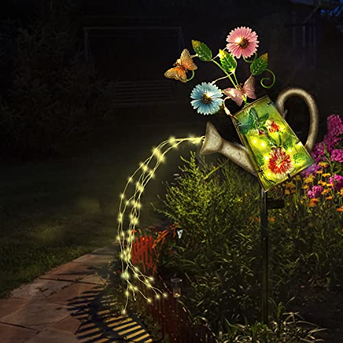 Solar Outdoor Watering Can Lights-Hummingbird Decorative Path Lights, Metal Glass Solar Powered Garden Waterfall Decor Ornament for Yard Lighting Outside