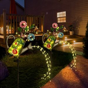 Solar Outdoor Watering Can Lights-Hummingbird Decorative Path Lights, Metal Glass Solar Powered Garden Waterfall Decor Ornament for Yard Lighting Outside