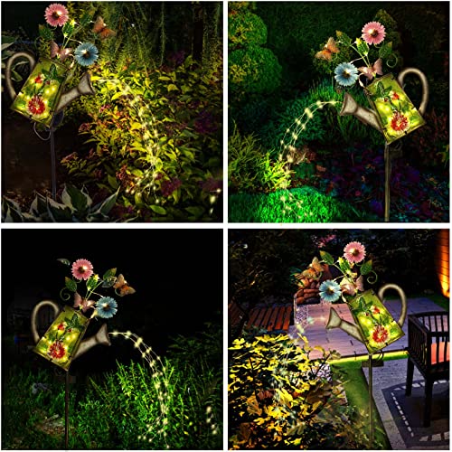 Solar Outdoor Watering Can Lights-Hummingbird Decorative Path Lights, Metal Glass Solar Powered Garden Waterfall Decor Ornament for Yard Lighting Outside