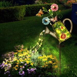 Solar Outdoor Watering Can Lights-Hummingbird Decorative Path Lights, Metal Glass Solar Powered Garden Waterfall Decor Ornament for Yard Lighting Outside