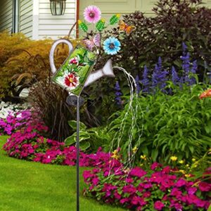 Solar Outdoor Watering Can Lights-Hummingbird Decorative Path Lights, Metal Glass Solar Powered Garden Waterfall Decor Ornament for Yard Lighting Outside