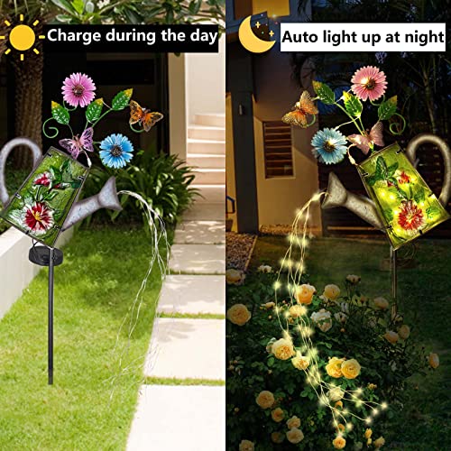 Solar Outdoor Watering Can Lights-Hummingbird Decorative Path Lights, Metal Glass Solar Powered Garden Waterfall Decor Ornament for Yard Lighting Outside