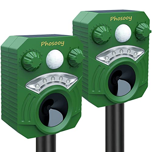 Phosooy Ultrasonic Animal Repeller, 2 Packs Waterproof Solar Animal Deterrent Device Motion Activated to Repel Cats, Dogs, Squirrel, Rats, Skunks, Raccoons & Deer