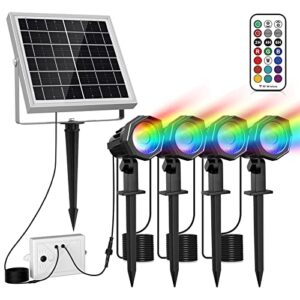 cly rgb solar landscape lights with remote, 4 in 1 color changing solar outdoor lights, 6 level brightness, 12-color ip66 waterproof with 45.9ft cable rgbw spotlights outdoor garden yard decor light