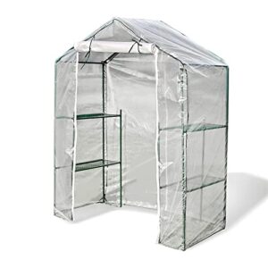 yuzes indoor outdoor portable plastic walk-in greenhouse kit,with zippered door and sturdy metal shelves,garden plants that need frost protection,for backyard garden in winter