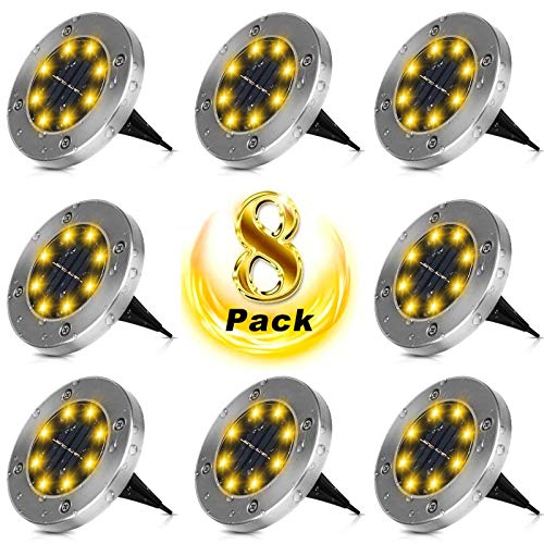 Solar Ground Lights, Upgraded Outdoor Garden Waterproof Bright in-Ground Lights for Lawn Pathway Yard Driveway, Producing More Light with 8 LED (Warm White)