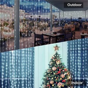 200 LED Solar Curtain String Lights Outdoor Remote Control 8 Modes Fairy Lights Waterproof Solar Powered Copper Wire Lights Solar Waterfall Lights for Gazebo Garden Party Window Decoration（Cool White）