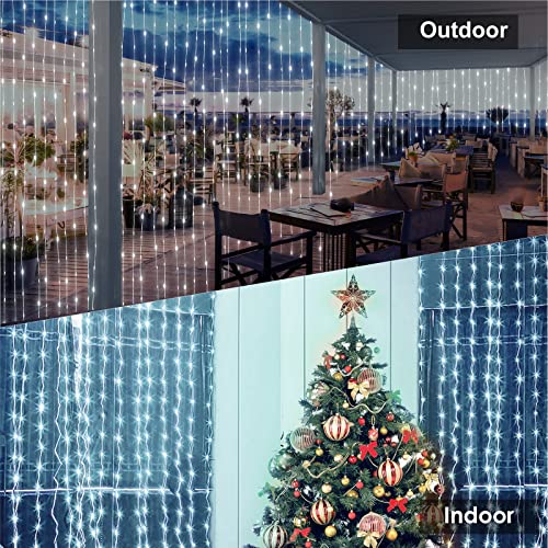 200 LED Solar Curtain String Lights Outdoor Remote Control 8 Modes Fairy Lights Waterproof Solar Powered Copper Wire Lights Solar Waterfall Lights for Gazebo Garden Party Window Decoration（Cool White）