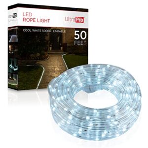 ultrapro escape led rope lights, cool white 5000k, indoor or outdoor, 50ft, linkable, perfect for deck, garden, patio, landscape lighting, camping, bedroom décor, waterproof, string lights, 54846