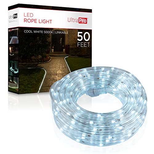 UltraPro Escape LED Rope Lights, Cool White 5000K, Indoor or Outdoor, 50ft, Linkable, Perfect for Deck, Garden, Patio, Landscape Lighting, Camping, Bedroom Décor, Waterproof, String Lights, 54846