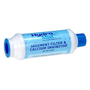 hydromist inline calcium inhibitor filter for mister, removes calcium hardness, reduces clogging of a misting system, attaches from spigot to standard water hose, 100 psi inlet pressure