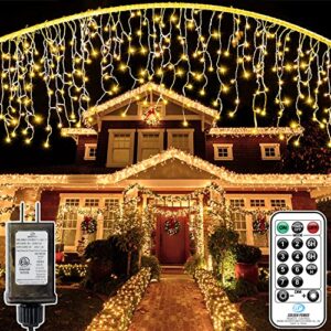 christmas icicle lights outdoor 33ft 400led outdoor waterproof holiday decorations lights with remote control, 8 modes, outside christmas lights for house, porch, eave, garden wall decor (warm white)