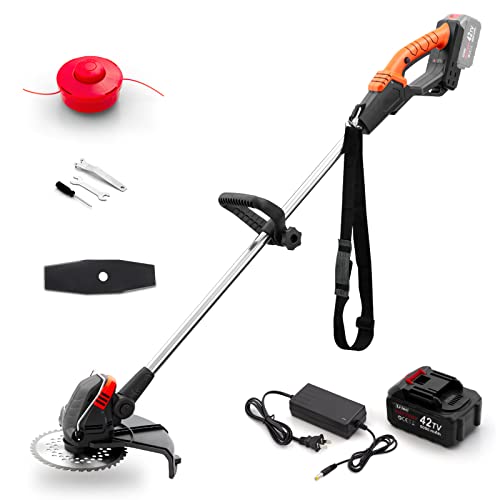 42V Brushless Weed Wacker 12" String Trimmer, Electric Weed Eater Brush Cutter, 3-in-1 Grass Edger Lawn Tool with Metal Blades and Shoulder Strap, 6Ah Li-Ion Battery Powered for Garden Yard Pruning