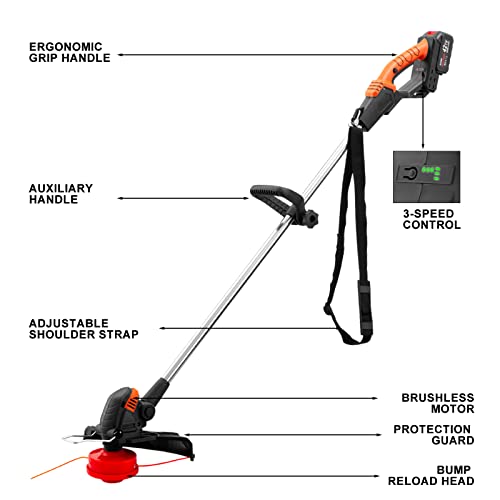 42V Brushless Weed Wacker 12" String Trimmer, Electric Weed Eater Brush Cutter, 3-in-1 Grass Edger Lawn Tool with Metal Blades and Shoulder Strap, 6Ah Li-Ion Battery Powered for Garden Yard Pruning